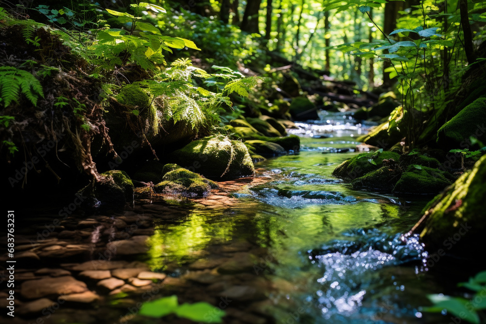 multicolor dynamic energy of a stream winding its way through a ravine ...