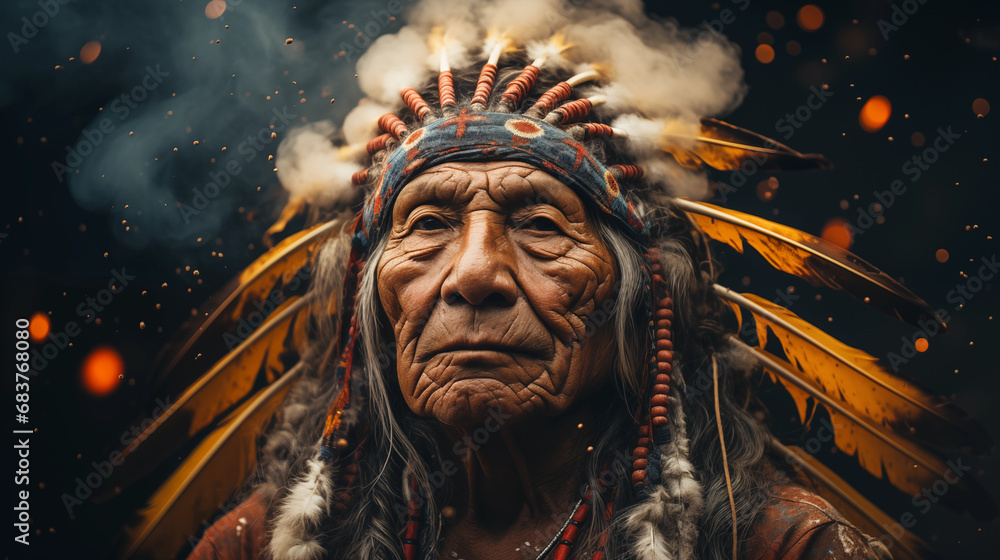 Portrait of a solemn elder native american man with traditional feather ...