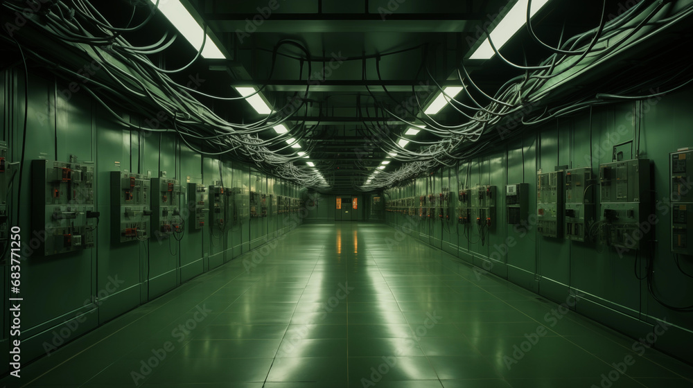 Long corridor in an industrial data center with rows of green cabinets ...