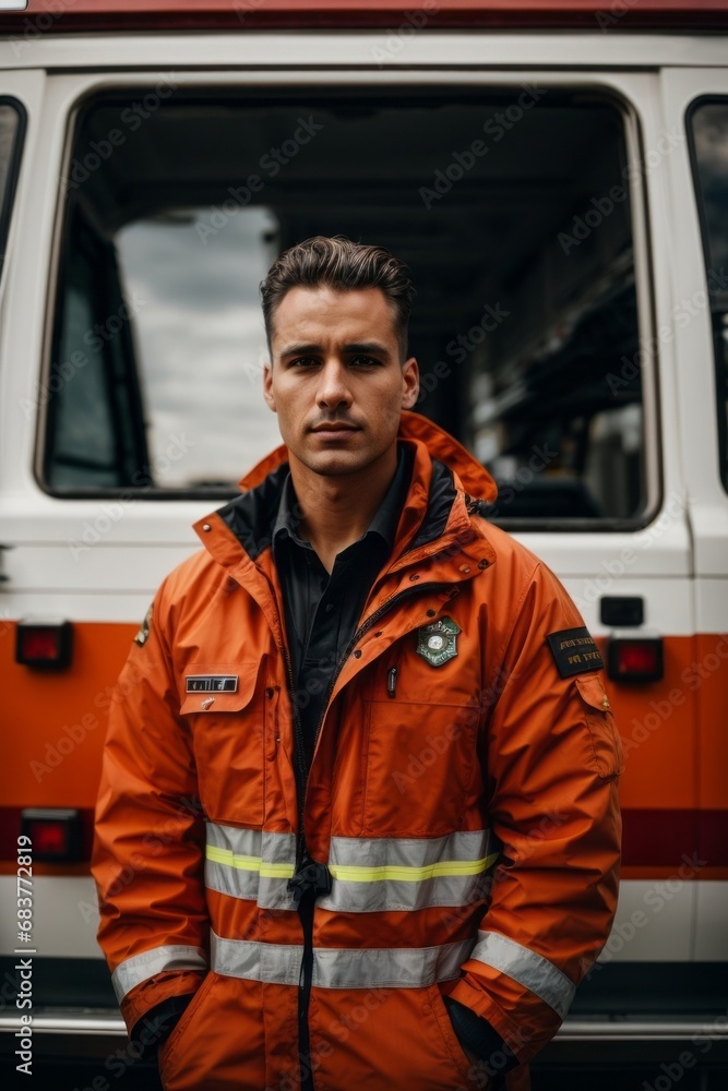 A male employee of the emergency medical service, a paramedic near an ...