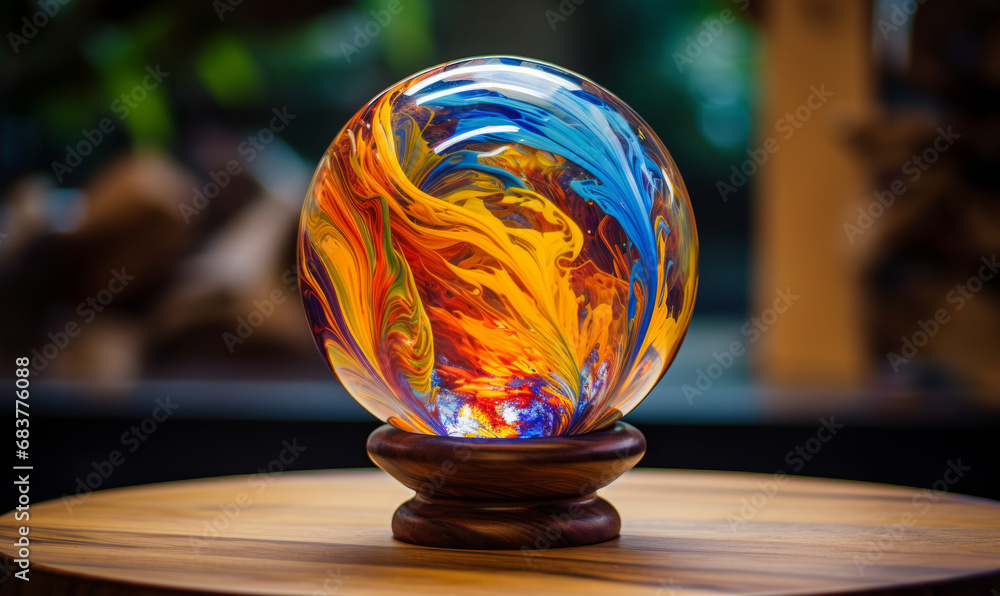 Translucent marble glass ball with fiery swirls in a holder on a ...