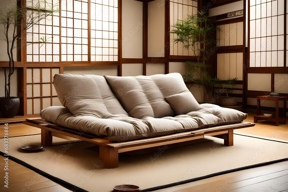 Showcase the simplicity and functionality of a Japanese Futon sofa in a ...
