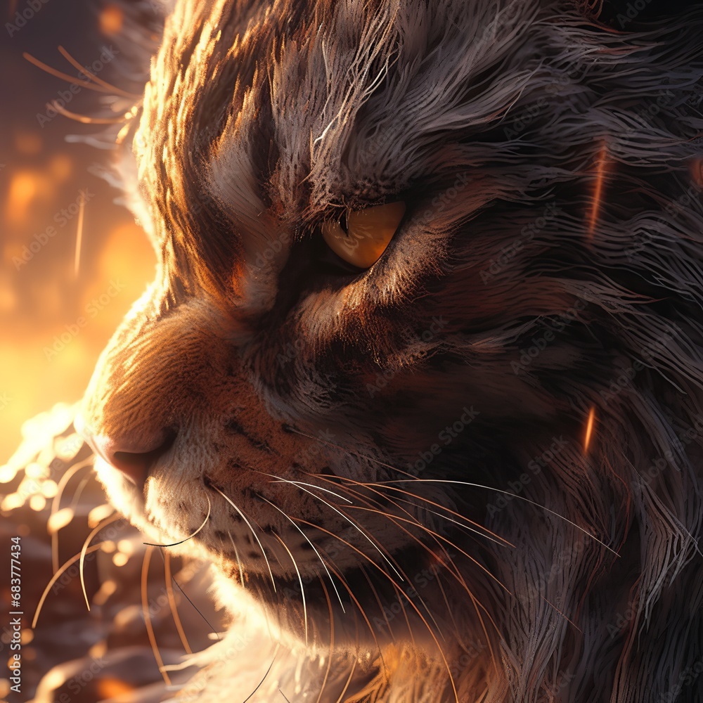 cat, Powerful, Analog Horror, Matte Painting, close-up, Houdini ...