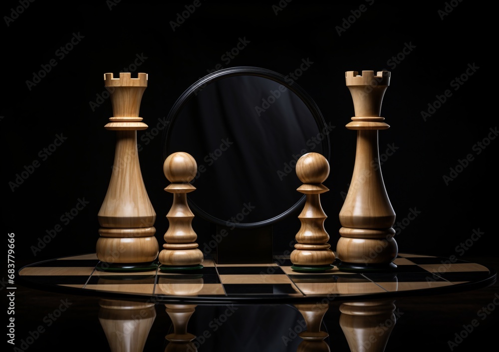 chess pieces shown in circular mirror, black background, object ...