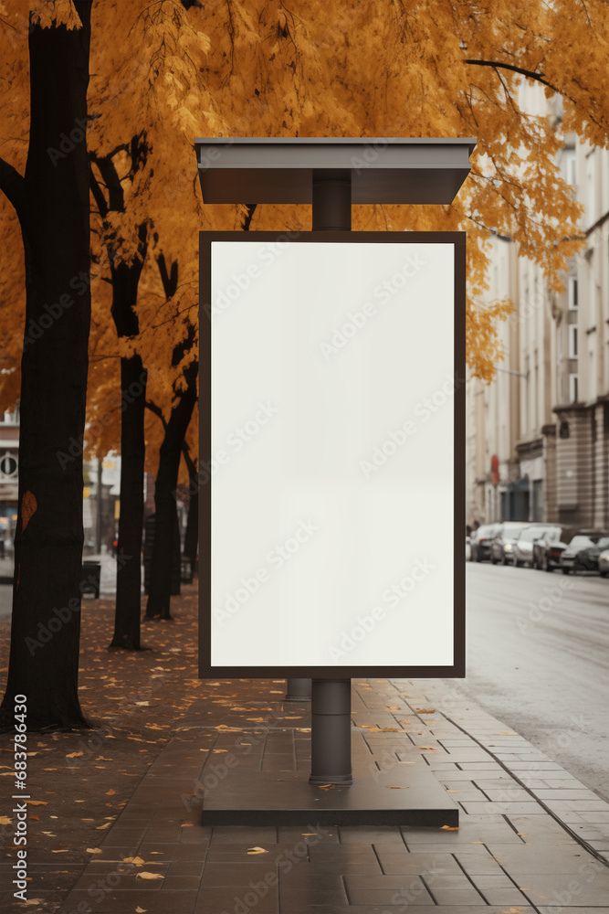 An advertisement billboard on a busy street in an autumn city, in the ...