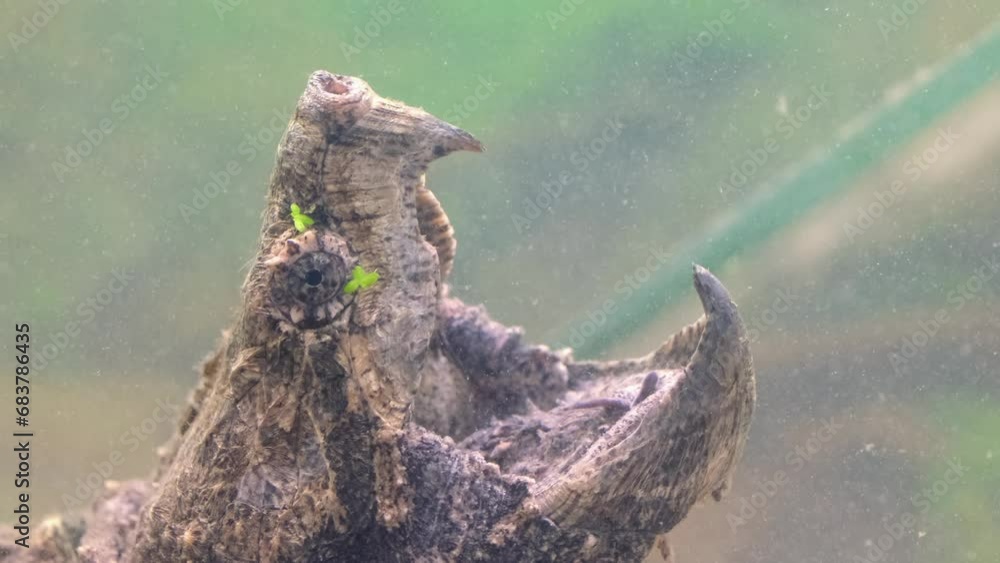The head of a snapping turtle with its mouth open moving its tongue as ...