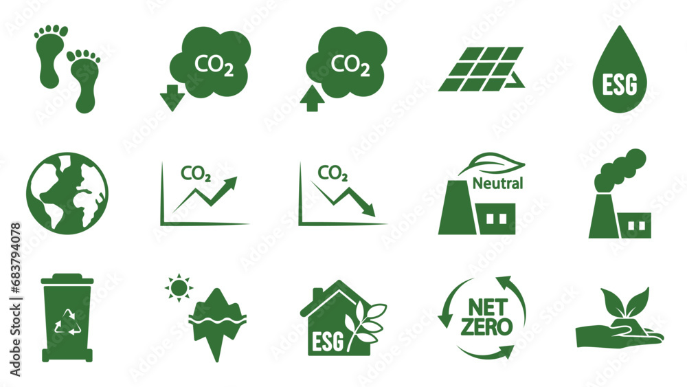Icon collection with zero emissions esg symbol concept. greenhouse gas ...