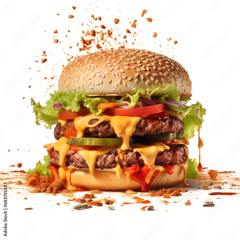 Large delicious juicy smoky burger separated on ingredients floating in ...