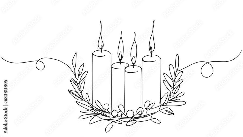 animated continuous single line drawing of advent wreath with four ...