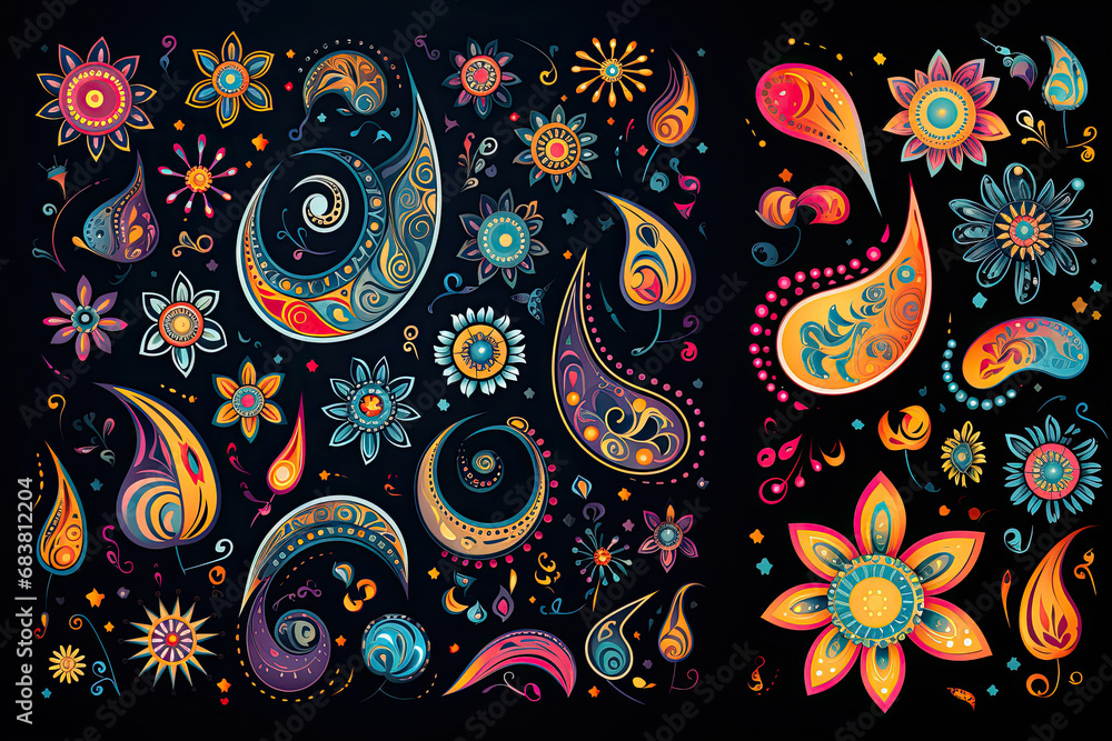 Vector set of indian paisley elements on black background. Vector set ...