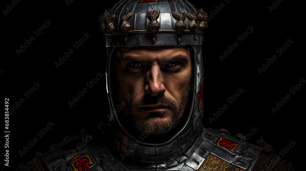 Historical mosaic portrait of a knight, armor-inspired tiles, stoic and ...