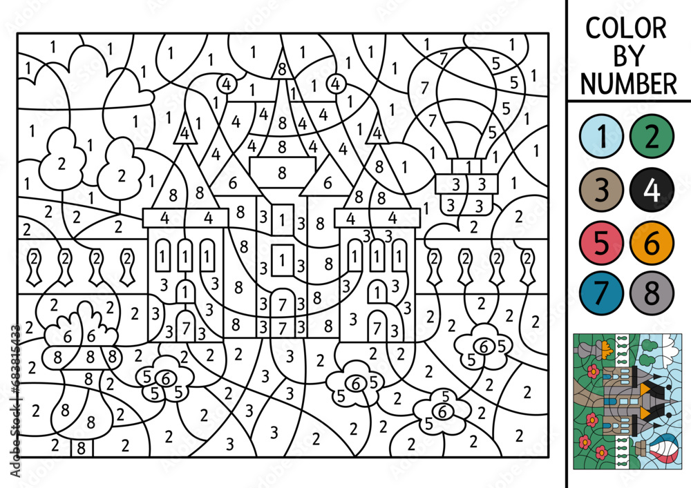 Vector France themed color by number activity with castle in the park ...