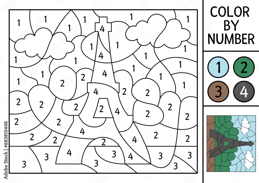 Vector France themed color by number activity with Eiffel Tower in the ...