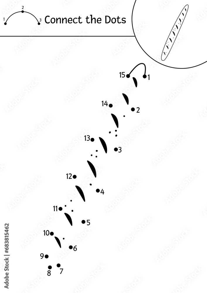 Vector dot-to-dot and color activity with baguette. France themed ...