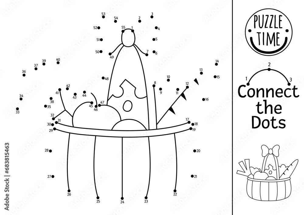 Vector dot-to-dot and color activity with basket, cheese, vegetables ...