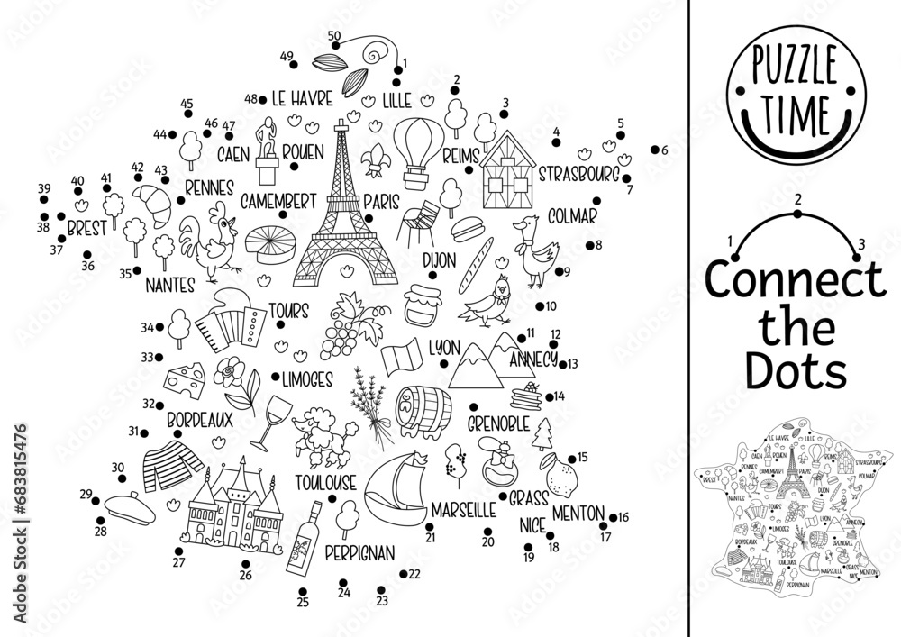 Vector dot-to-dot and color activity with French map, cities, landmarks ...