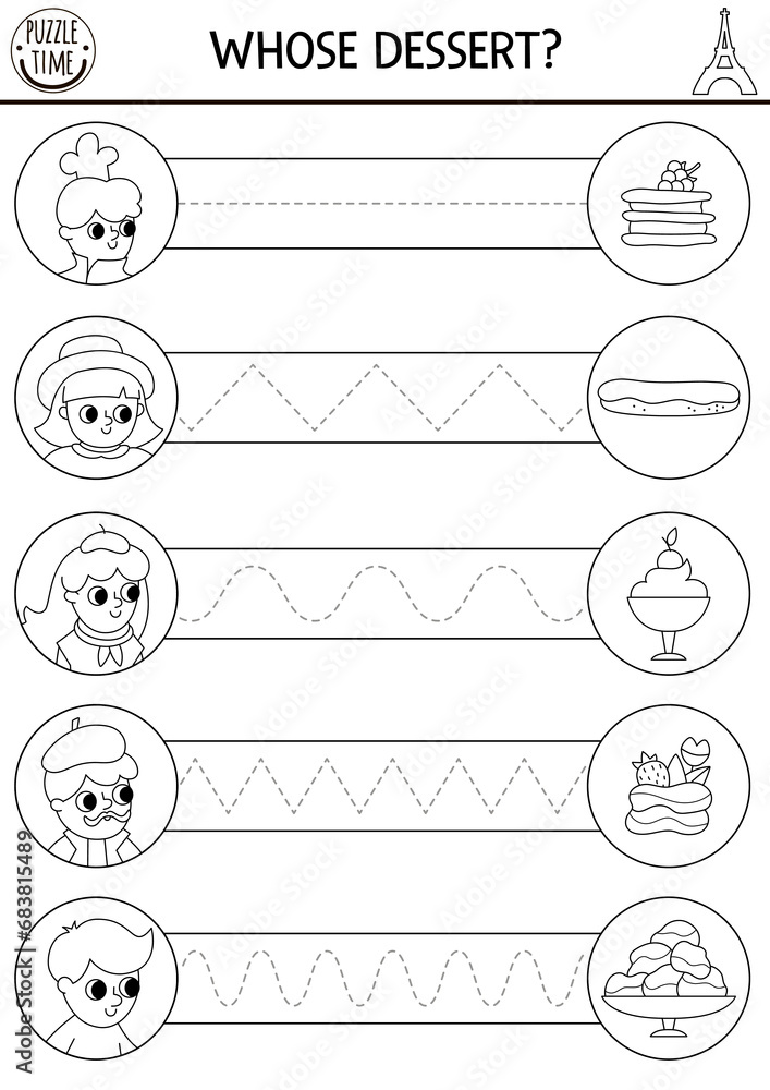 Vector French themed handwriting practice worksheet with sweet food ...