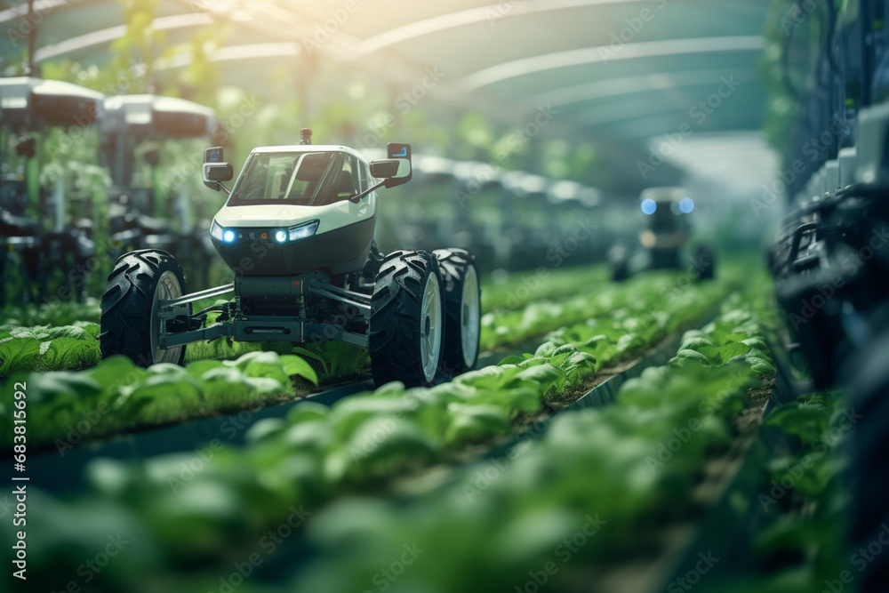Smart agriculture robotic and autonomous tools is running through plant ...