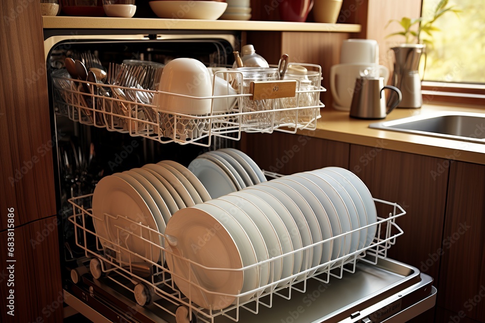 Sparkling Clean Dishes in the Modern Kitchens Open Dishwasher ...