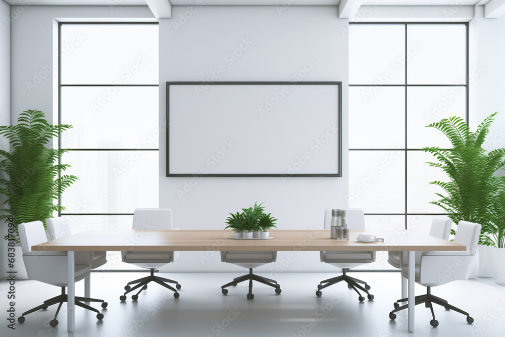 Perspective view of empty meeting conference room with big table set ...