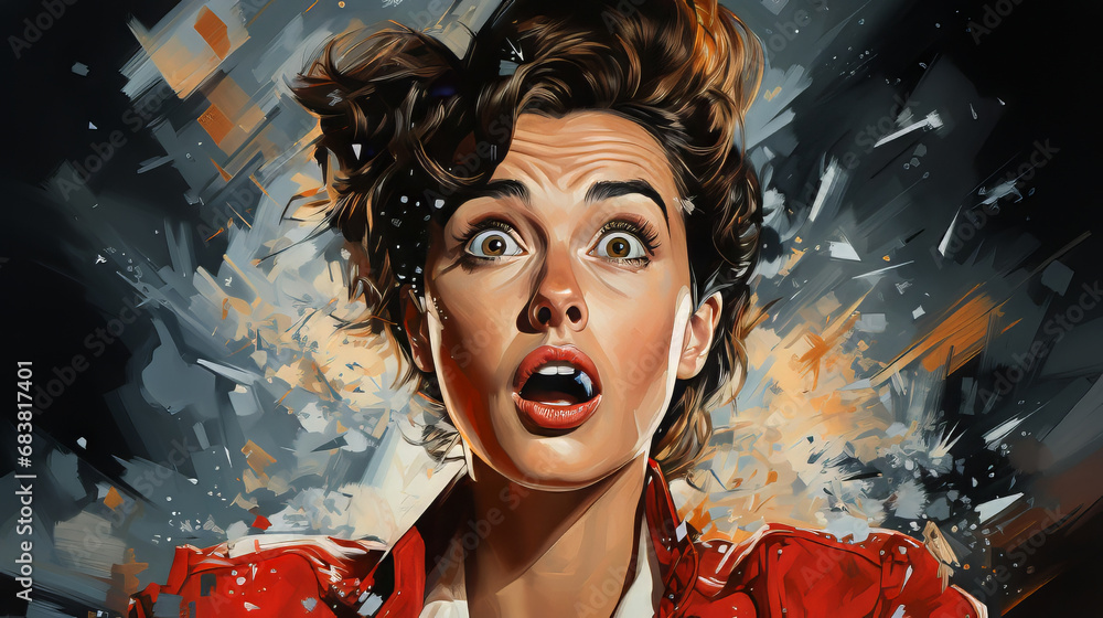 "Astonished Revelation" A figure in a red outfit, eyes wide and mouth ...