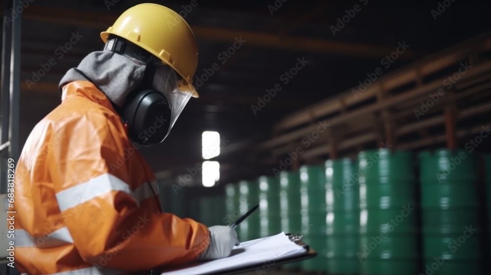 A safety officer is checking on the hazardous material checklist form ...