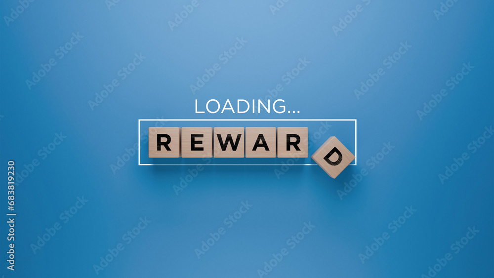 Wooden blocks spelling 'REWARD' with a loading progress bar on a blue ...