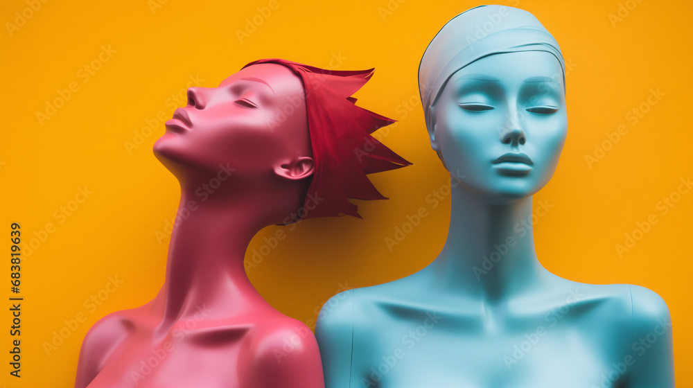 Mannequin doll couple posed affectionately next to each other with ...