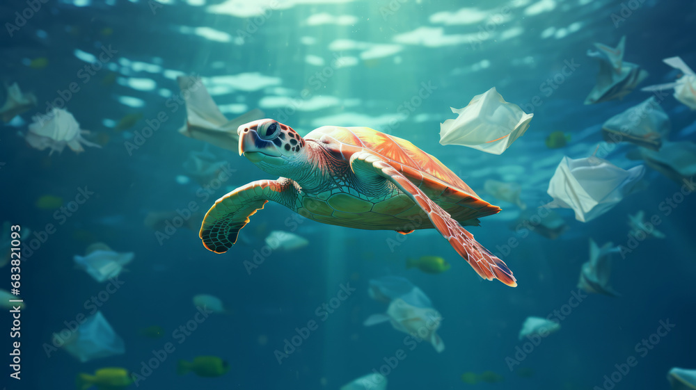 Sea turtle swimming with a plastic bag stuck on the body in the deep ...