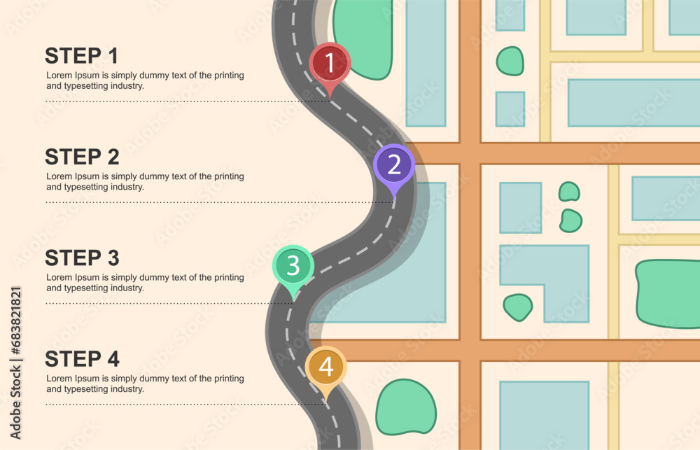 Infographic with winding road map, Curved road markings, Vector ...