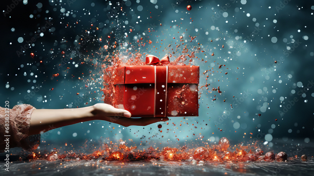 "Gift of the Moment" A hand presents a gift wrapped in red, amidst a ...