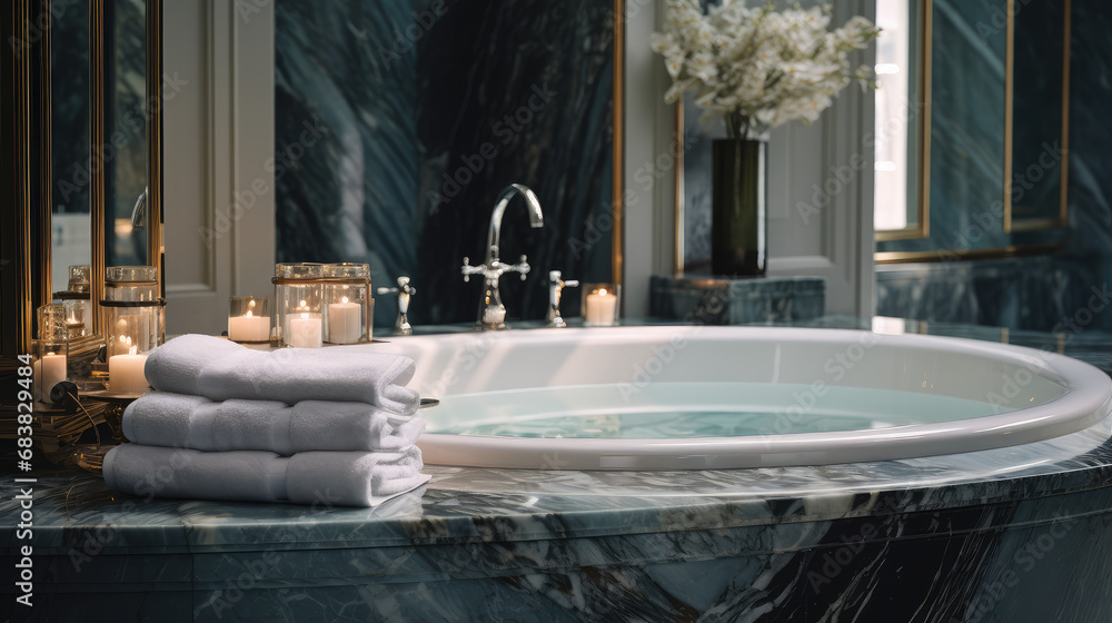 Luxurious bathroom with marble finishes and Jacuzzi tub. 3d render ...