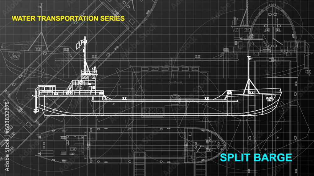 Split Barge model. Line art sketch wallpaper of water transportation ...