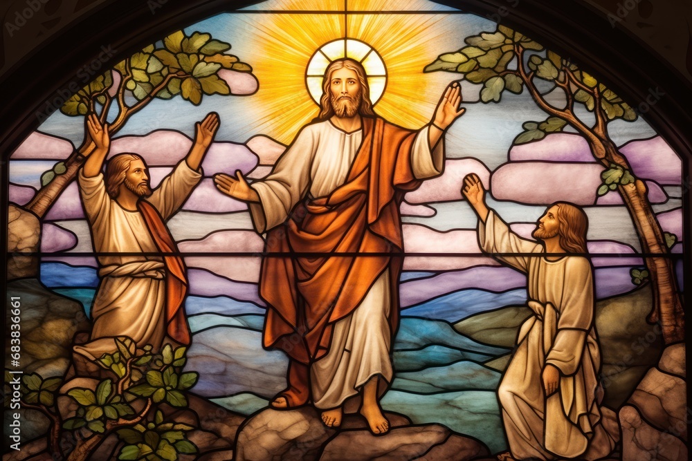 Stained glass portrayal of the Transfiguration of Jesus on Mount Tabor ...