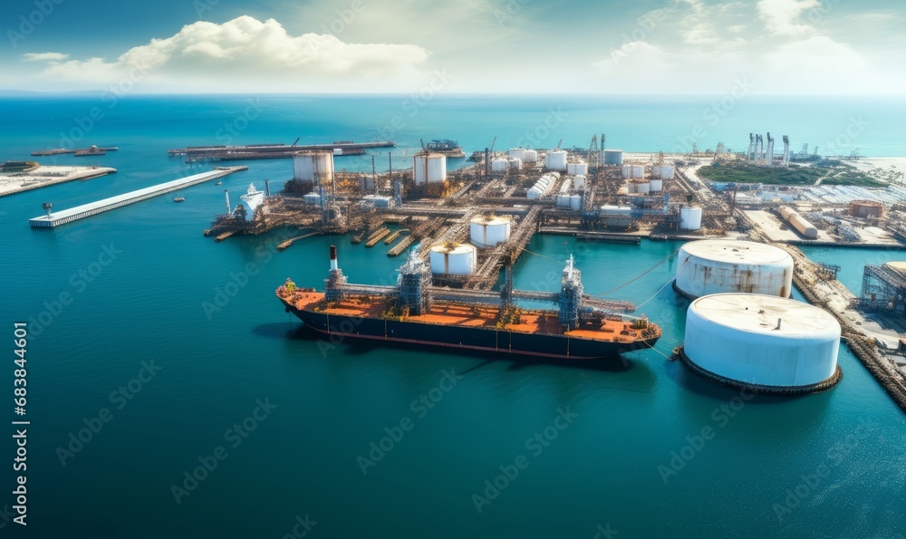 Aerial view oil treminal with storage tank farm, offshore oilrig ...