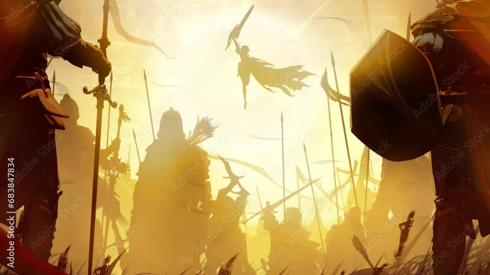 A jubilant army of knights in plate armor with swords and shields ...