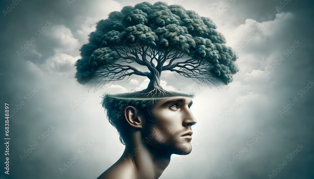 A surreal image showing a tree growing from a man's head, representing ...