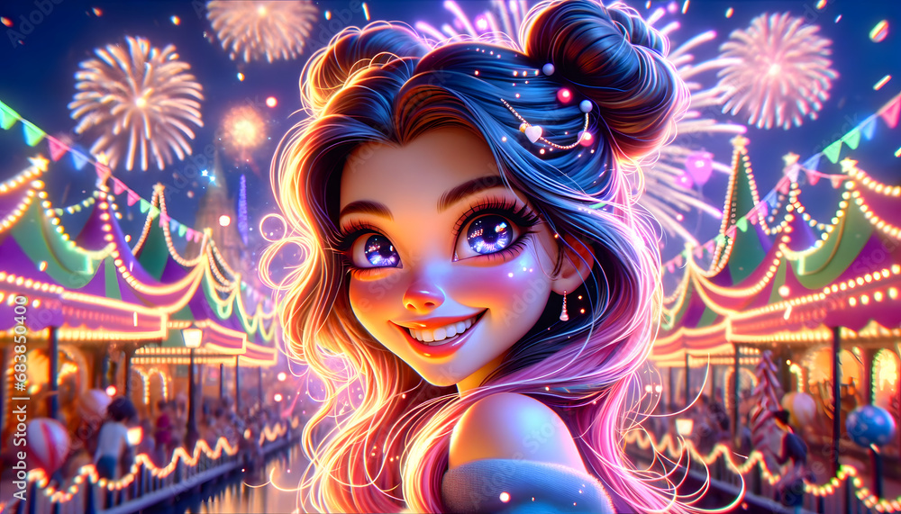 A digital animated-style painting, close-up view of a young woman with ...