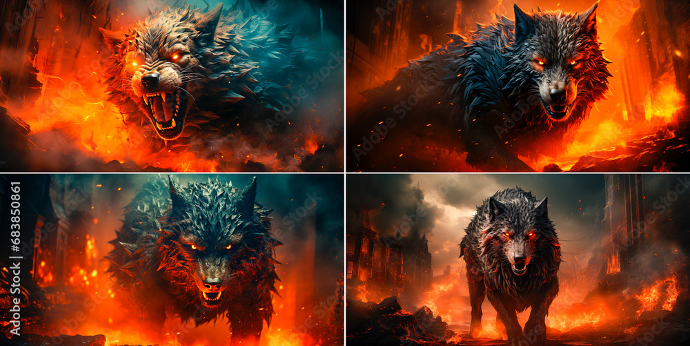 A wolf bursting out of the flames of hell, Plunge into the mysterious ...
