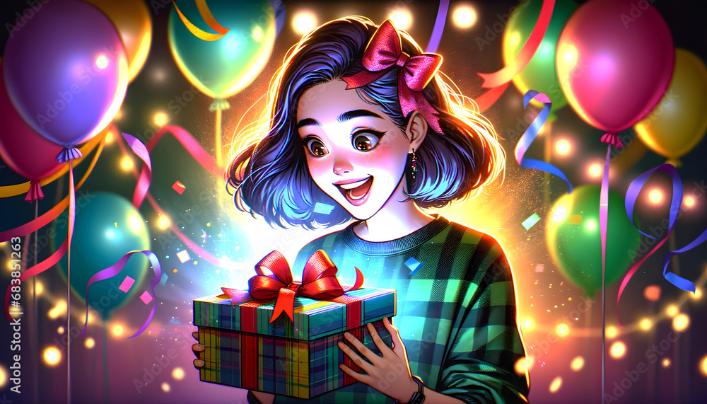 A digital animated-style painting of a young woman, her face lit up ...