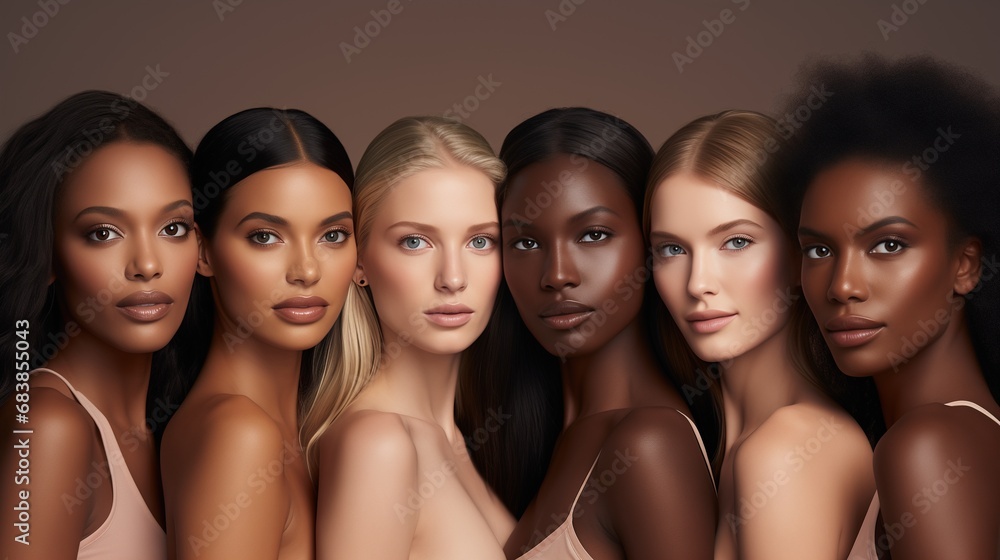 Six women with diverse hair colors and natural skin tones pose together ...