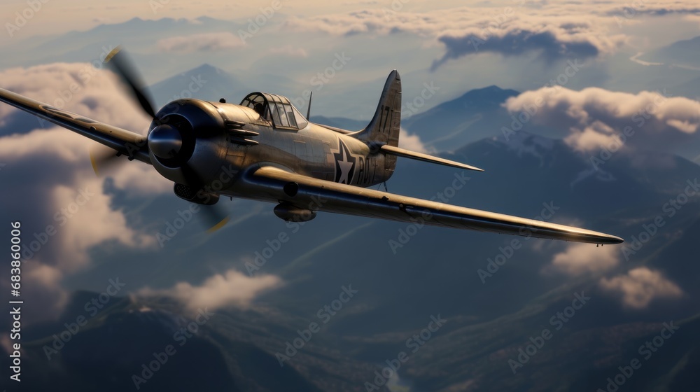 World War II era airplane flying in the clouds. 3d illustration of an ...