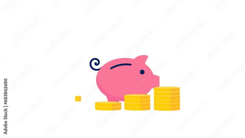2d animation Piggy bank and coins animation. 2d flat cartoon style ...