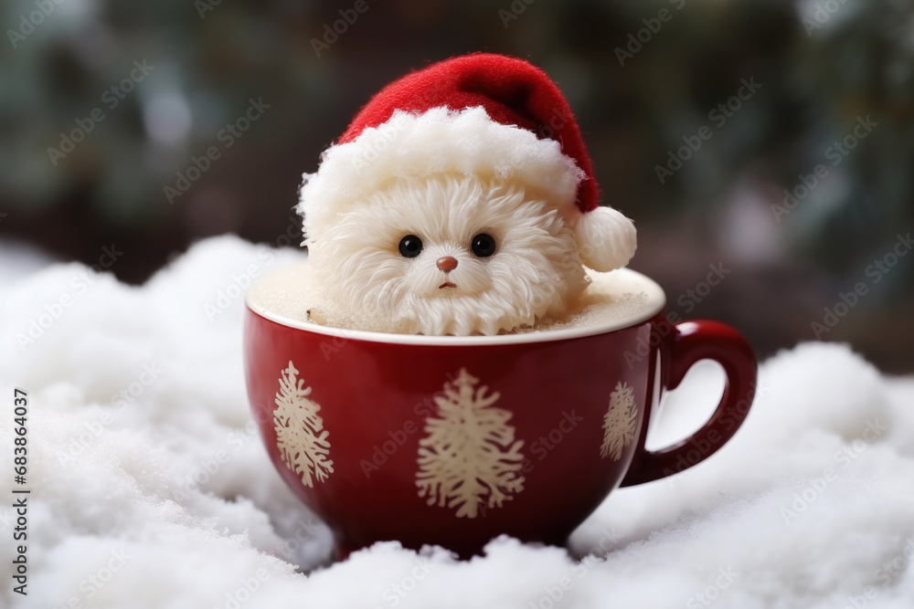 Fluffy fairy tale character in a red cap in a mug. Handmade Christmas ...