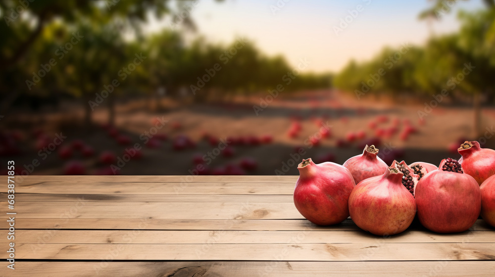 Empty wood table with free space over pomegranates trees, pomegranate ...