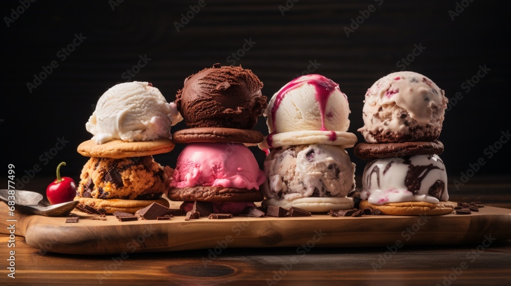 A whimsical scene showcasing an array of artisanal ice cream sandwiches ...