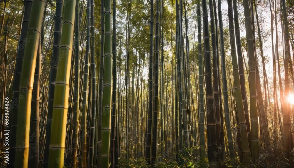 a group of tall bamboo trees with the sun shining through the trees in ...