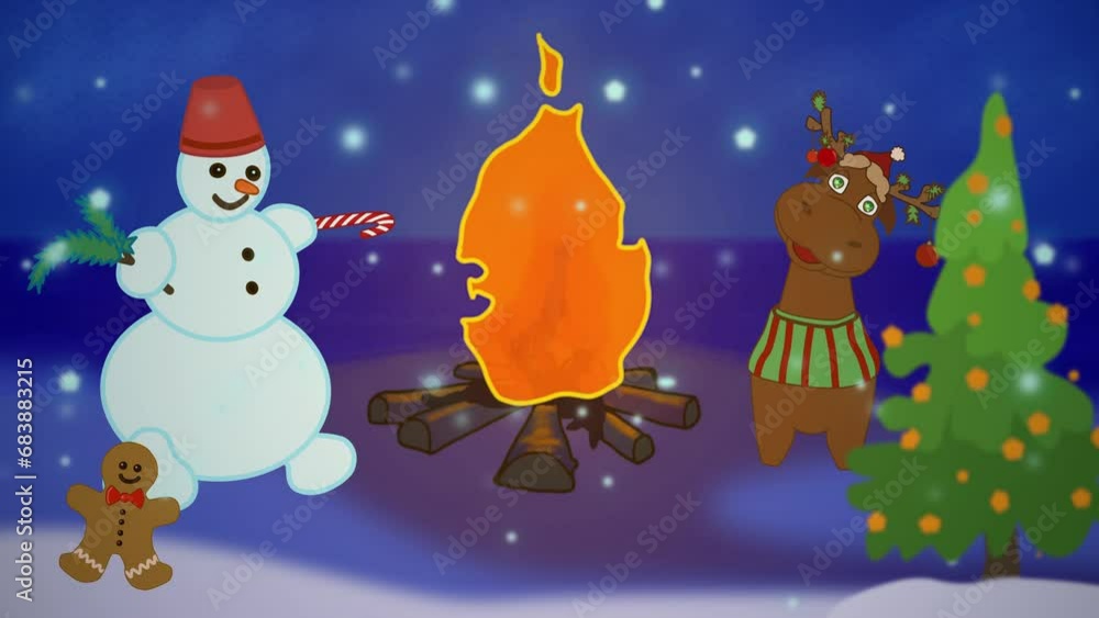 Loop. Cute happy Christmas characters dancing at campfire in winter ...