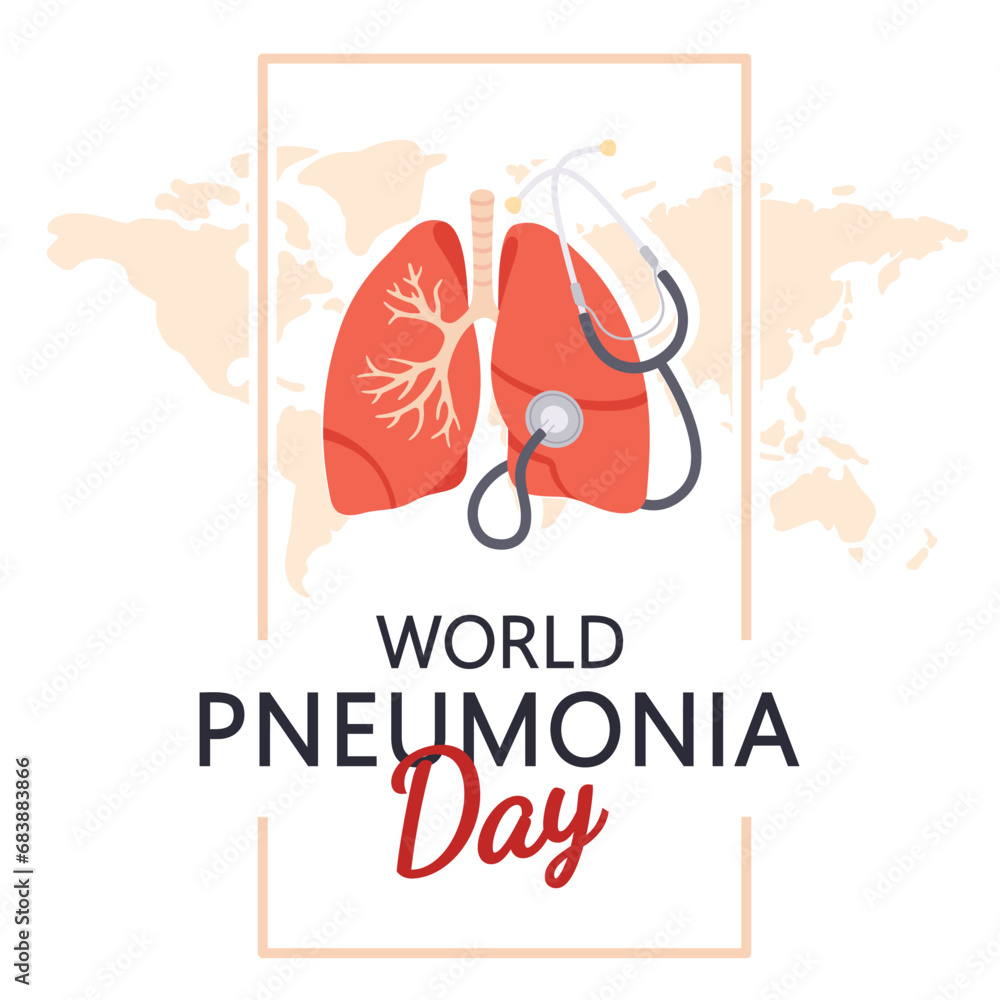 World Pneumonia Day poster with lungs. World map, lungs human organ ...