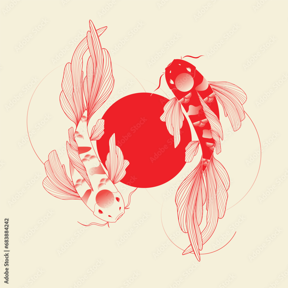 Asian country koi fish; ying yang symbol. Japan.Vector abstract art Koi ...